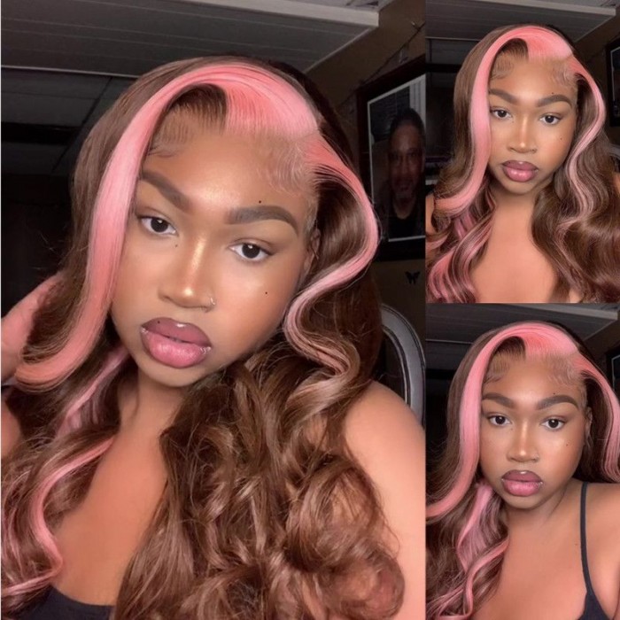 Pink & Brown Neapolitan Ice Cream Color Skunk Stripe Hair Straight 13*4 ...